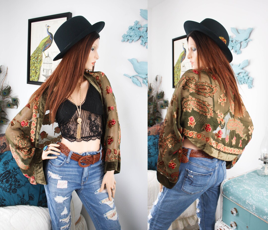 Upcycled ROSE VELVET SHRUG Boho Gothic Paisley Cover up Womens Eco ...