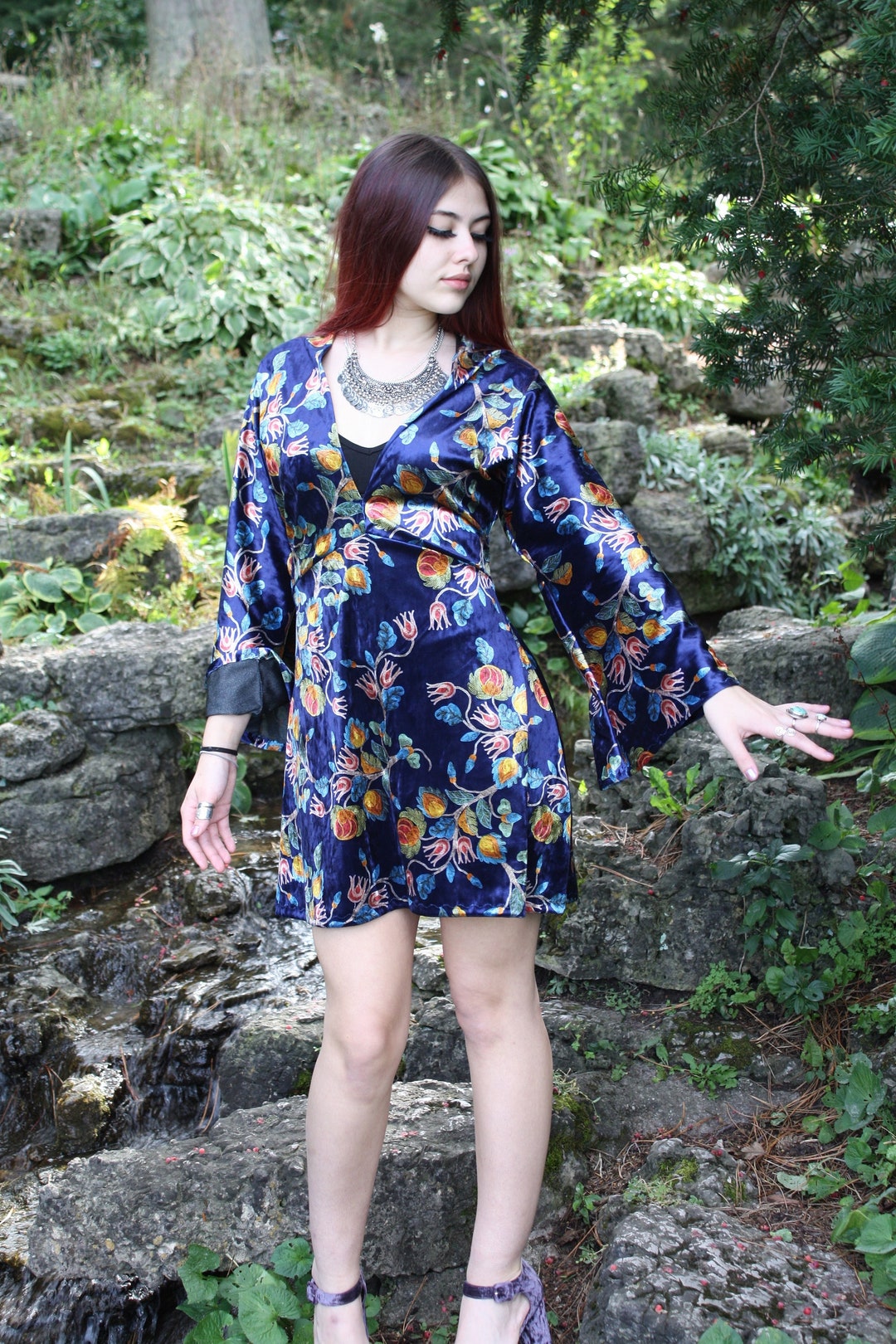 Velvet Dress, Blue Folklore Tunic With Floral Bell Sleeves and Plunging ...