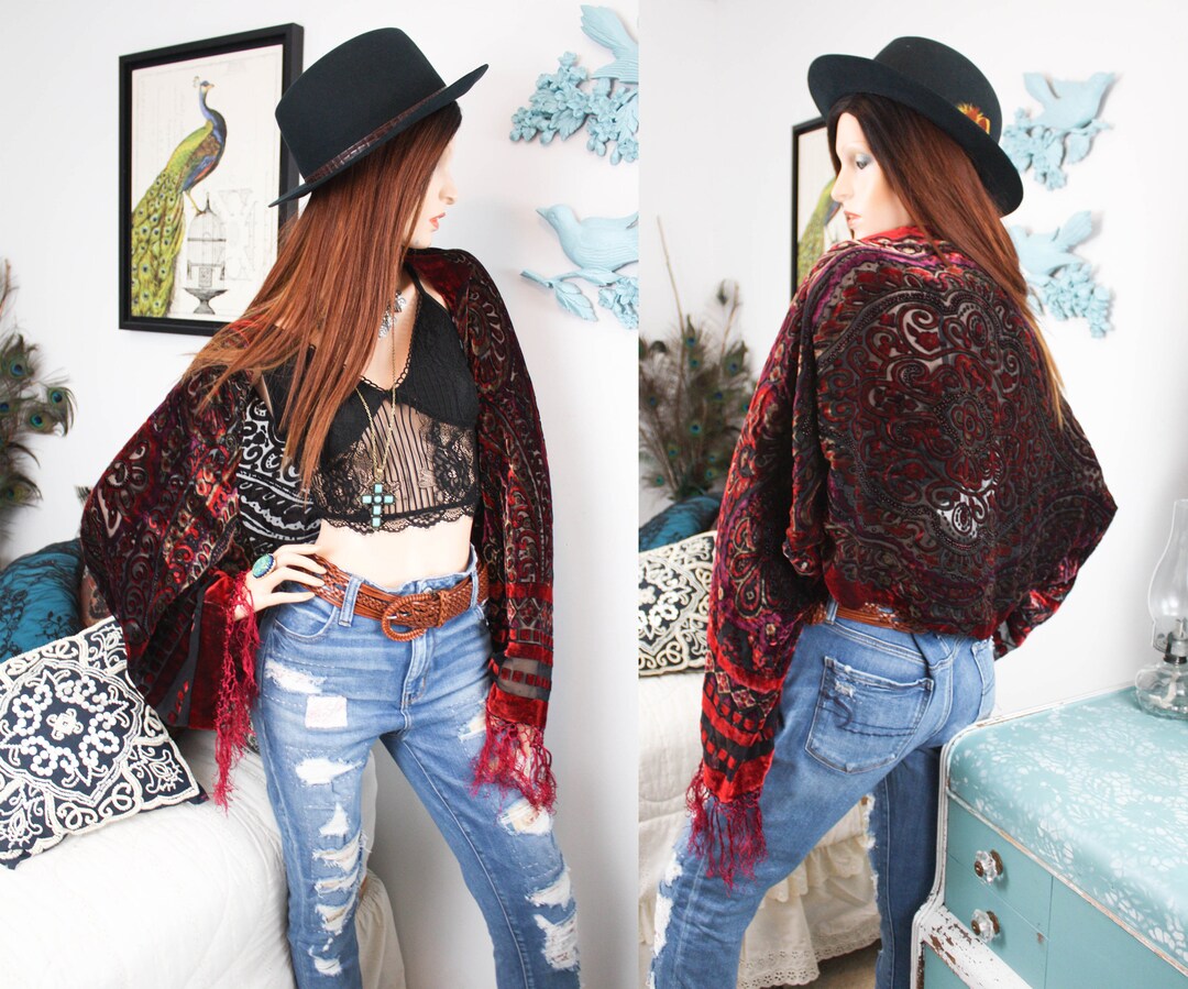Upcycled VELVET SHRUG Boho Gothic Cover up Paisley Bolero Womens Slow ...