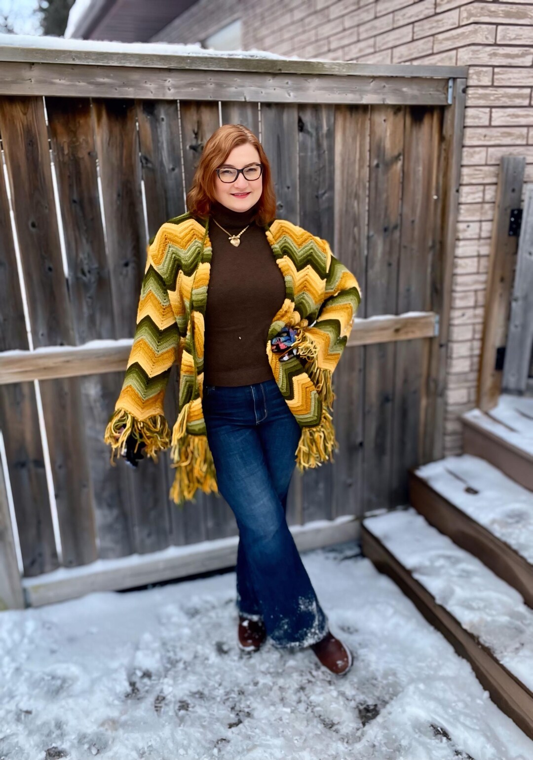 Upcycled Retro Green Zig Zag Crochet Afghan Cardigan - Boho Hippie 70s ...