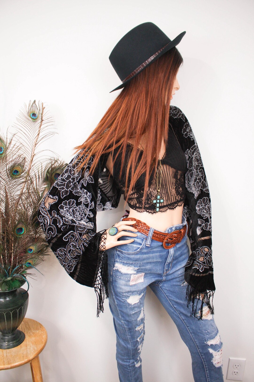 Upcycled FLORAL VELVET SHRUG White Rose Bohemian Kimono Festival ...