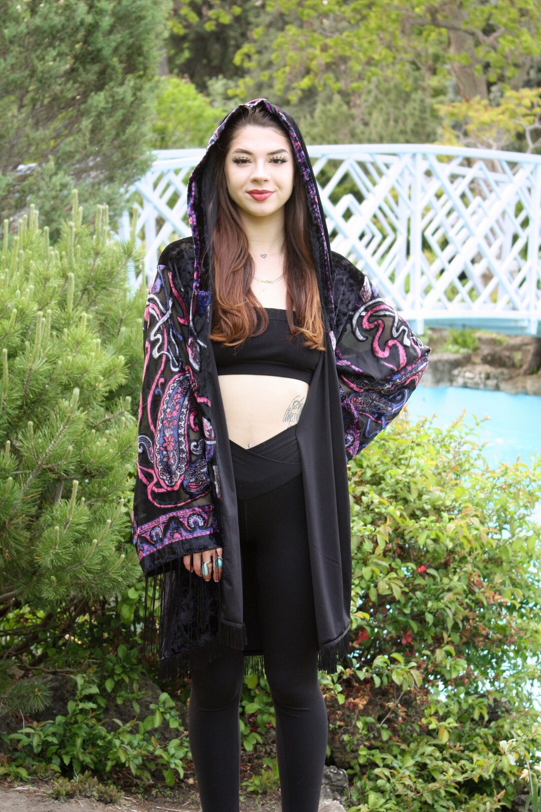 PAISLEY Burnout VELVET KIMONO Boho Goth Hooded Jacket Ethereal Clothing ...