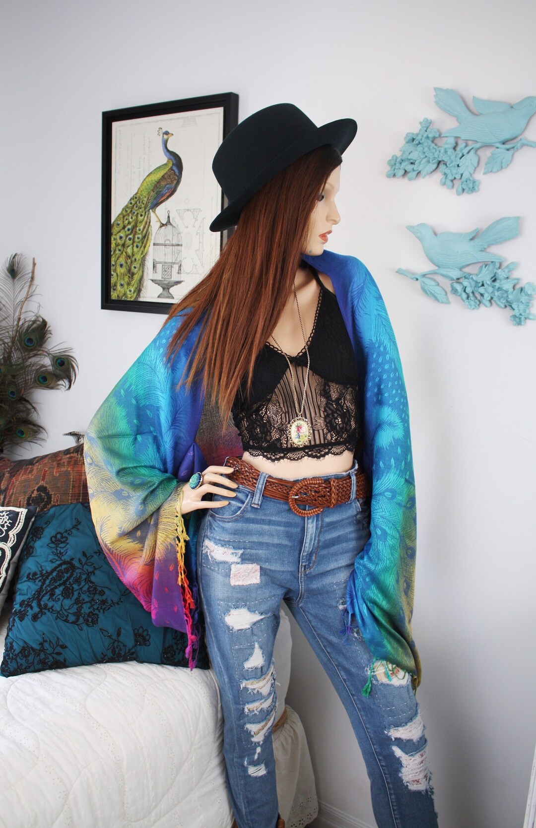 Rainbow PEACOCK SHRUG Bohemian Fringe Upcycled Kimono - Etsy