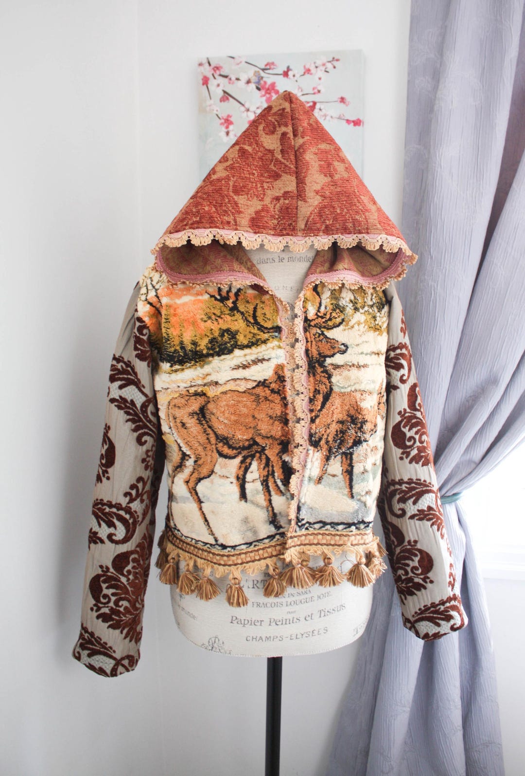 Vintage Reindeer Hooded Tapestry Bomber Jacket - Upcycled Antique ...