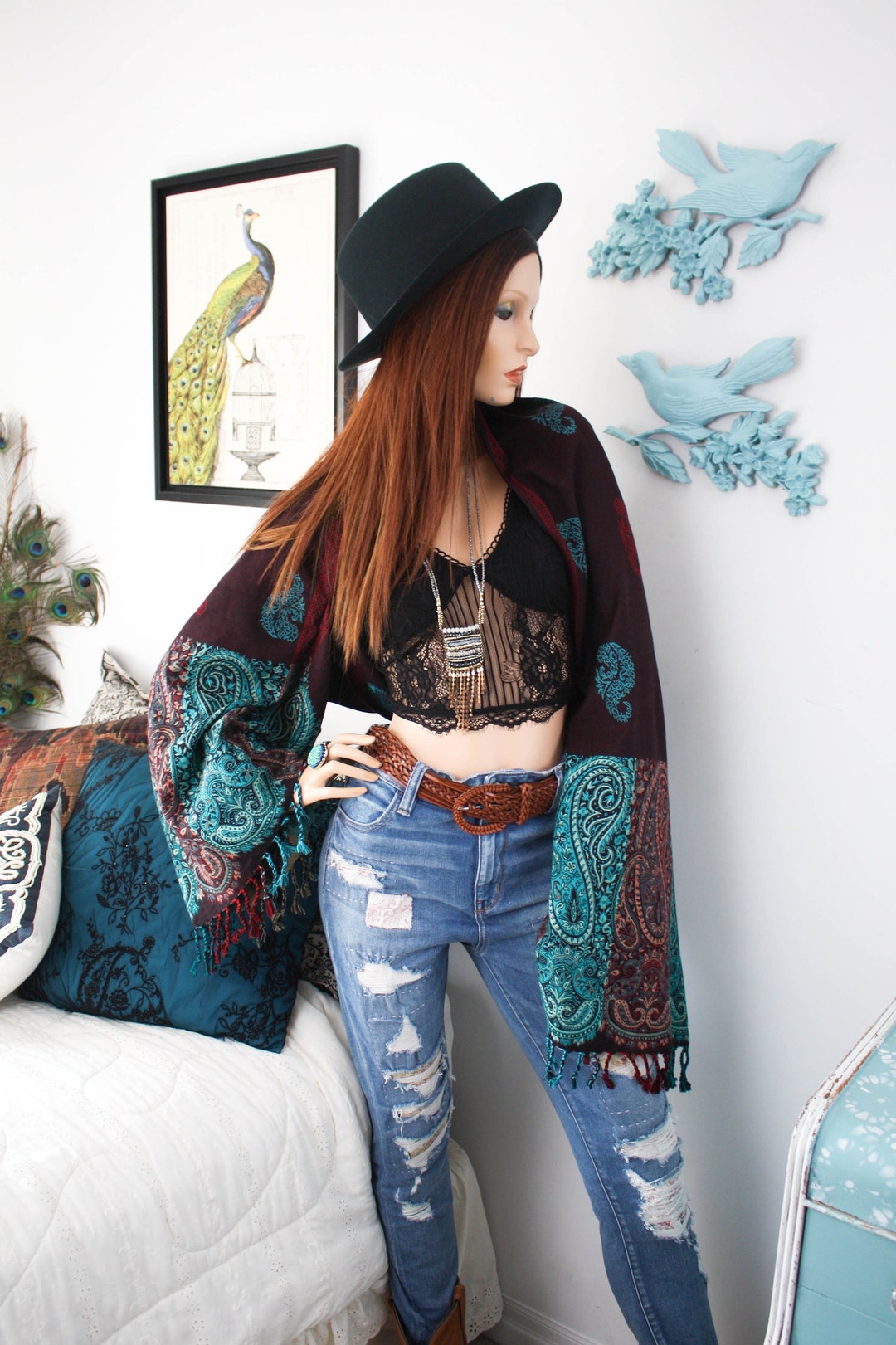 Teal Paisley Print Upcycled Kimono Shrug for Festivals and Bohemian Eco ...