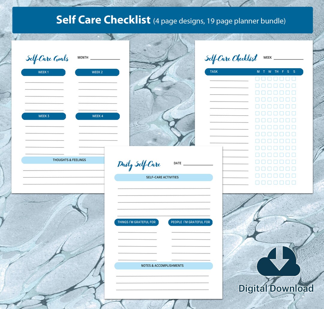 Self Care Planner Printable - Blue | Self Care Checklist, Wellness ...