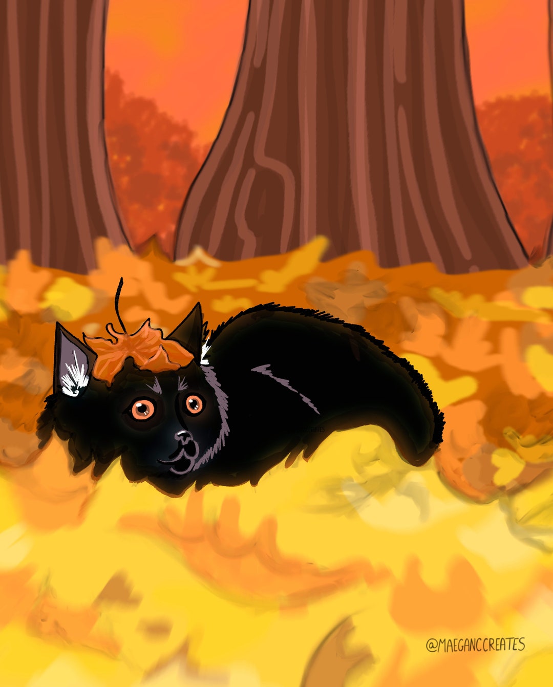 Frolic Cat Art Print | Cats and Leaves, Cat Illustration, Autumn Art ...