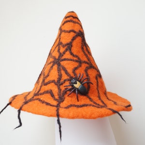 Spider and Cobweb Halloween Wizard Witch Hat Orange Felted With Sauna ...