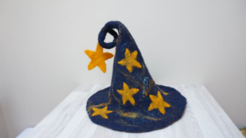 Wizard Halloween Witch Hat Dark Blue Yellow Felted With Stars Sauna Cap ...