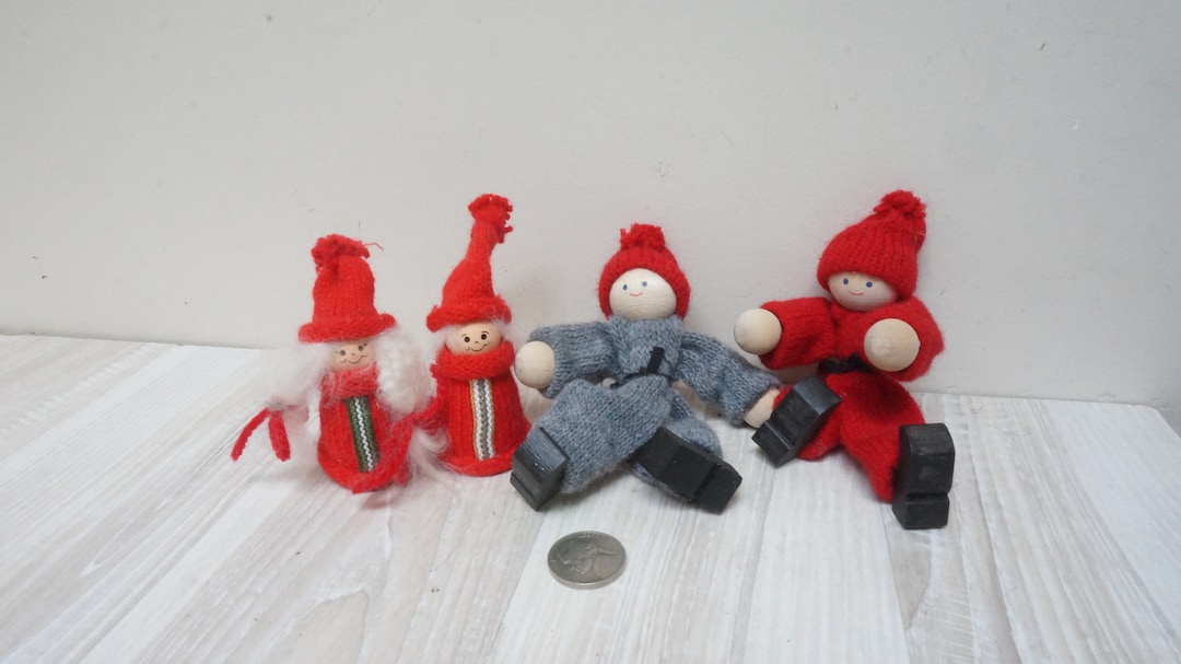 4 Vintage Wooden Knitted Tomtes, Swedish Folk Dolls Gnome Pixie, Tomte ...