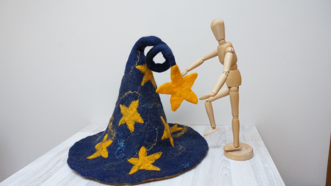 Wizard Halloween Witch Hat Dark Blue Yellow Felted With Stars Sauna Cap ...