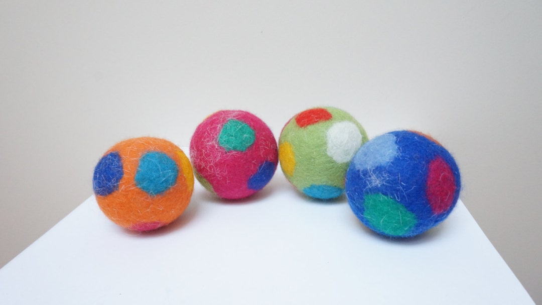 Wool Rattle Ball, Large, Multicolor, Felted Shaker, Polka Dots Green ...