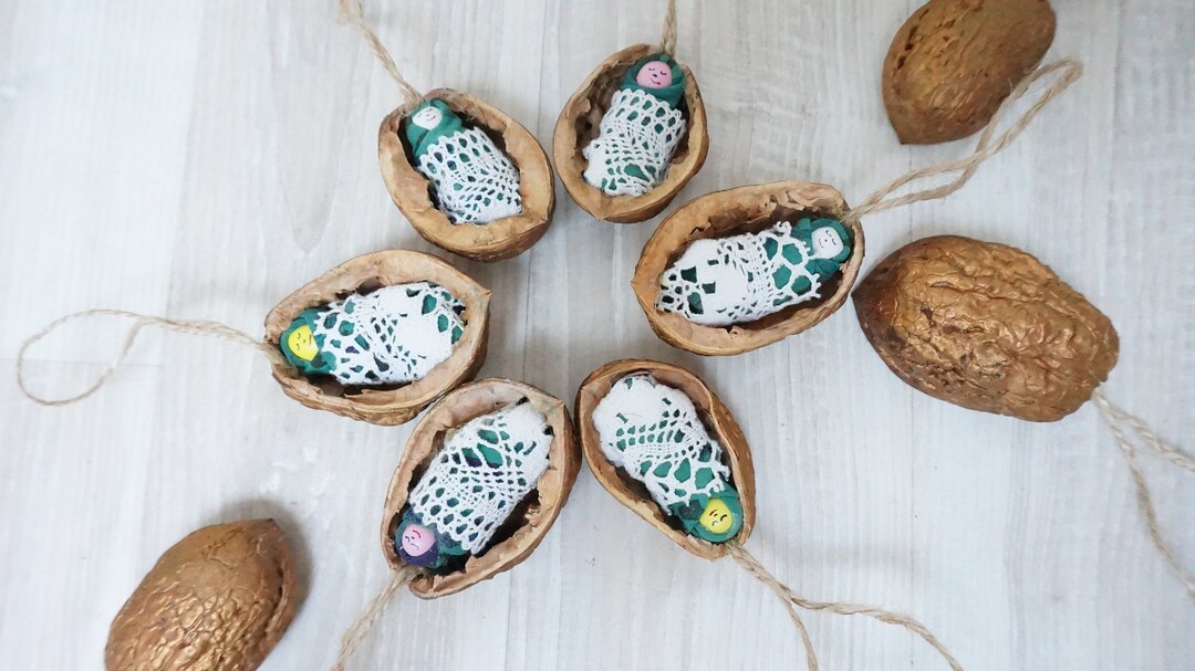 6 Babies in Walnut Shell, German Erzgebirge Style Hanging Ornament ...