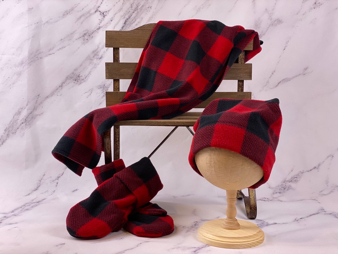 Buffalo Plaid Fleece Kids Winter Hat, Mittens & Scarf Set - Etsy
