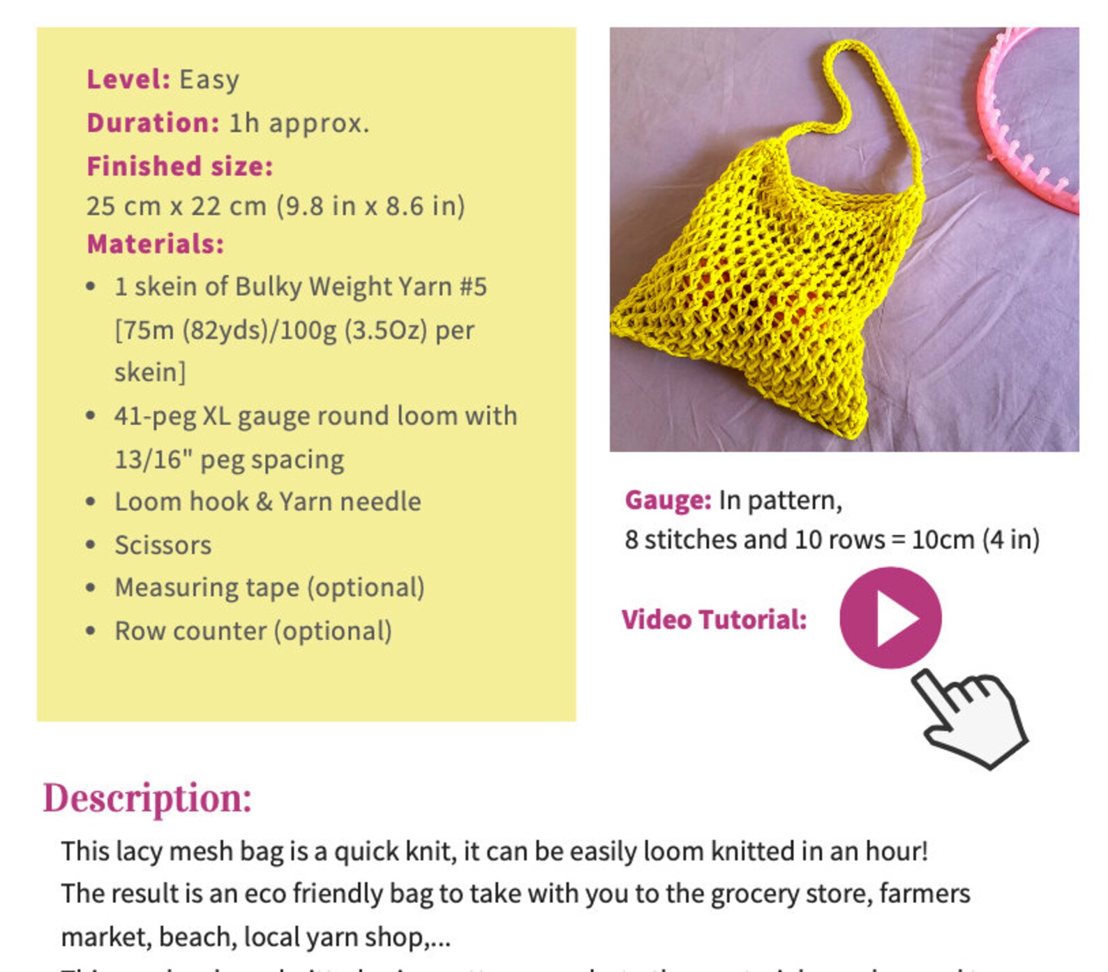 Loom Knit Mesh Bag Pattern Video Tutorial - Etsy