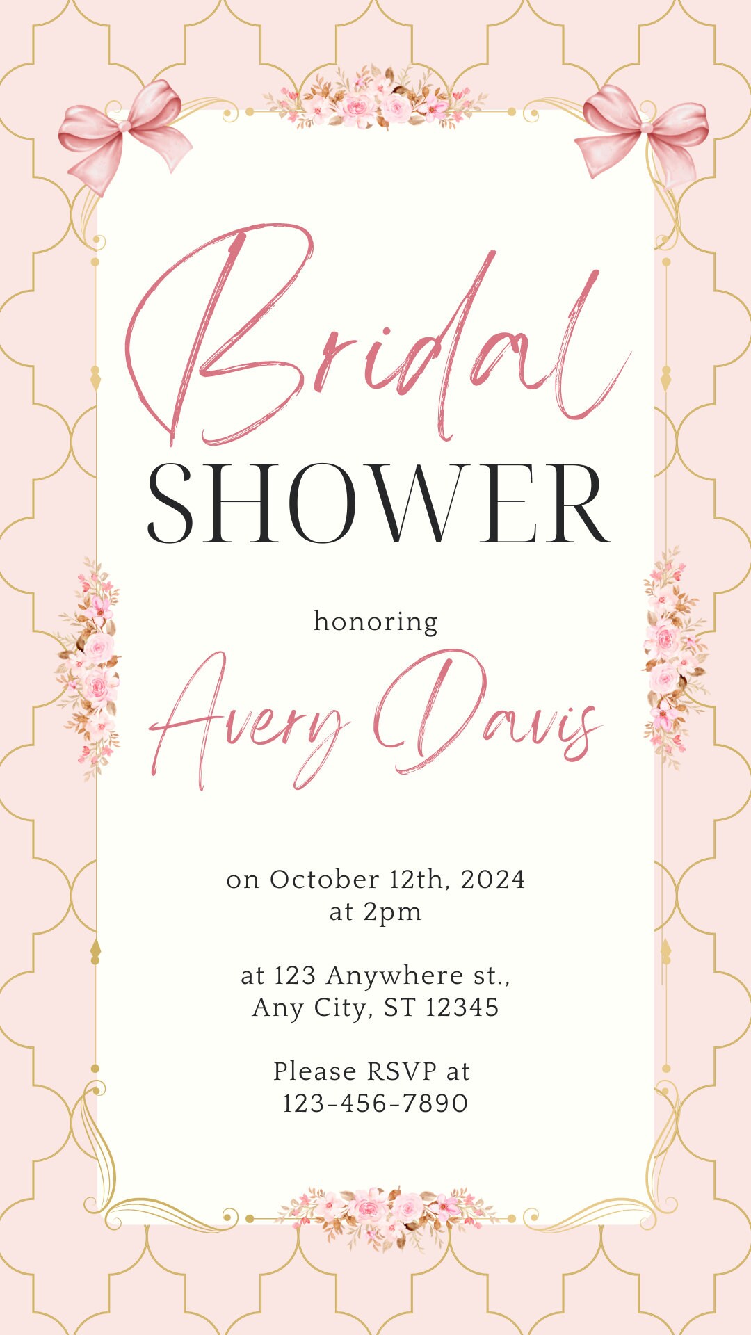 Pink Bow Bridal Shower Text Invitation, Customized Phone Pink Floral ...