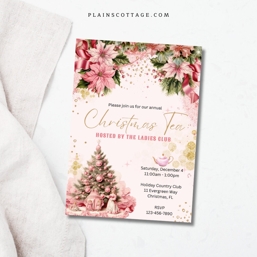 Editable Christmas Tea Party Invitation, Pink Holiday Party Invitation ...