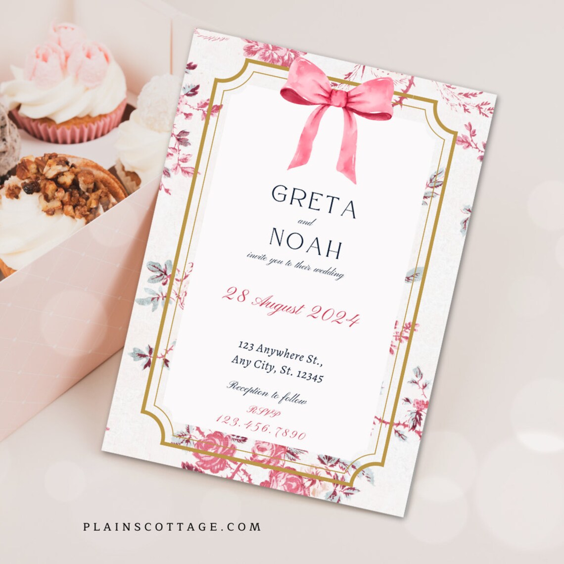 Editable Pink Bow Wedding Invitation Pink Toile Pattern Coquette Fancy ...