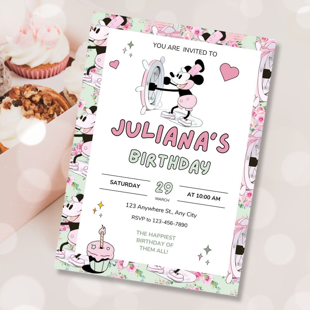 Pink Steamboat Willie Birthday Custom Invitation, Vintage Mickey ...