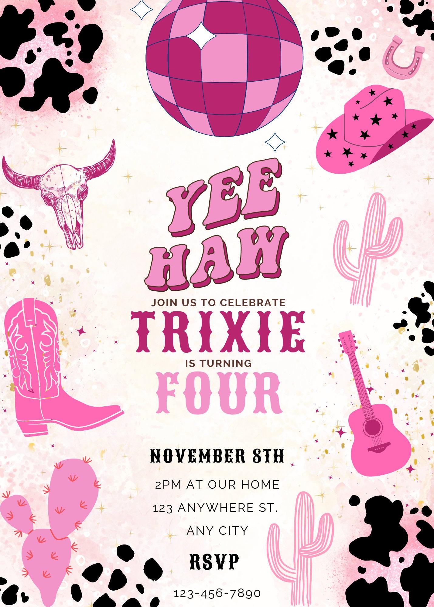 Space Cowgirl Birthday Invitation, Pink Country Music Birthday Party ...