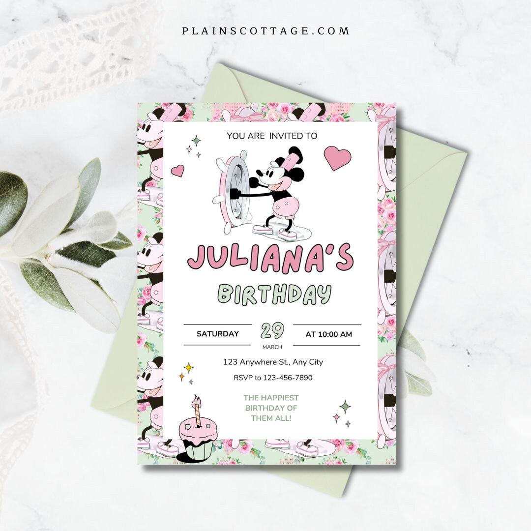 Pink Steamboat Willie Birthday Custom Invitation, Vintage Mickey ...