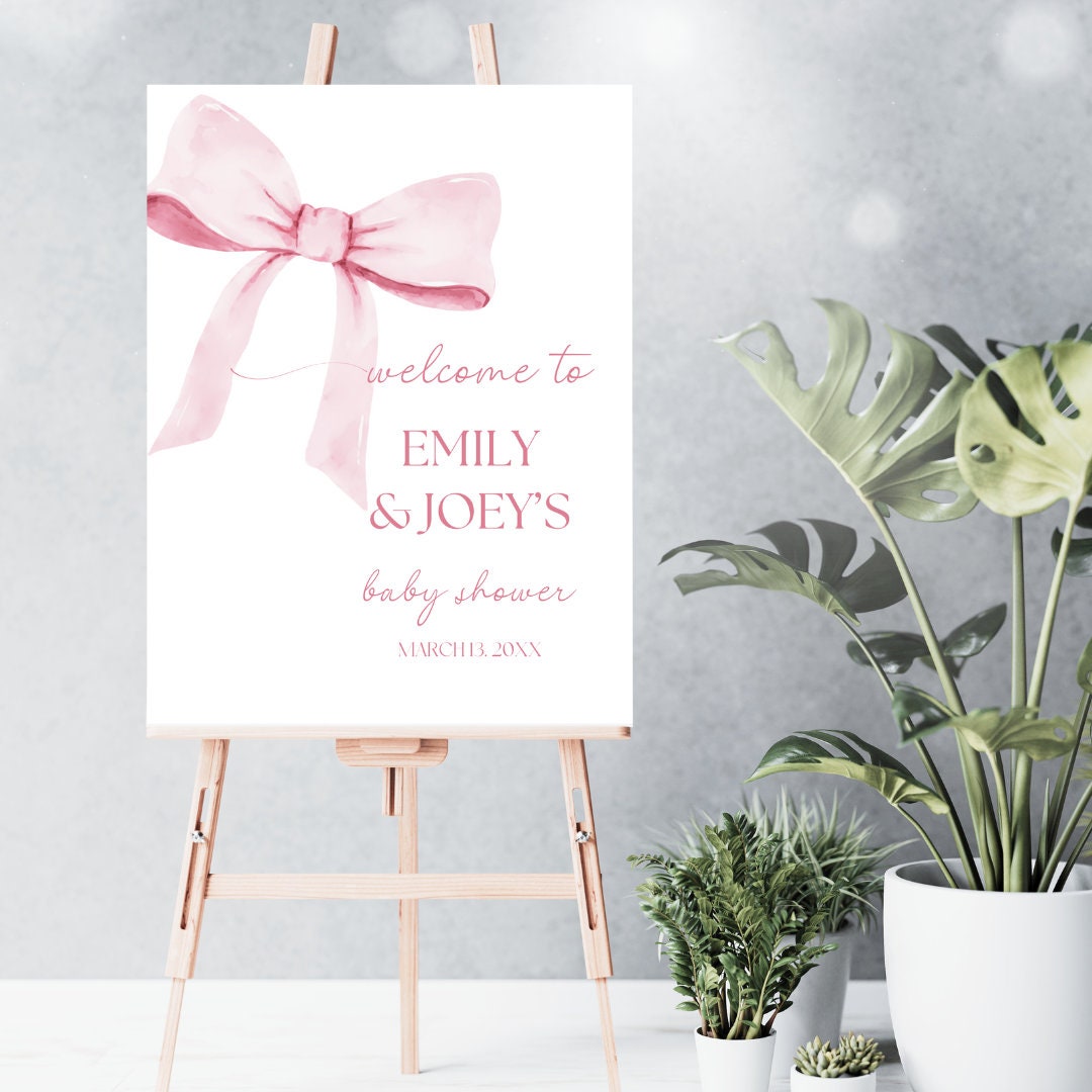 Editable Pink Bow Welcome Sign for Baby Shower, Coquette Bow Sign ...