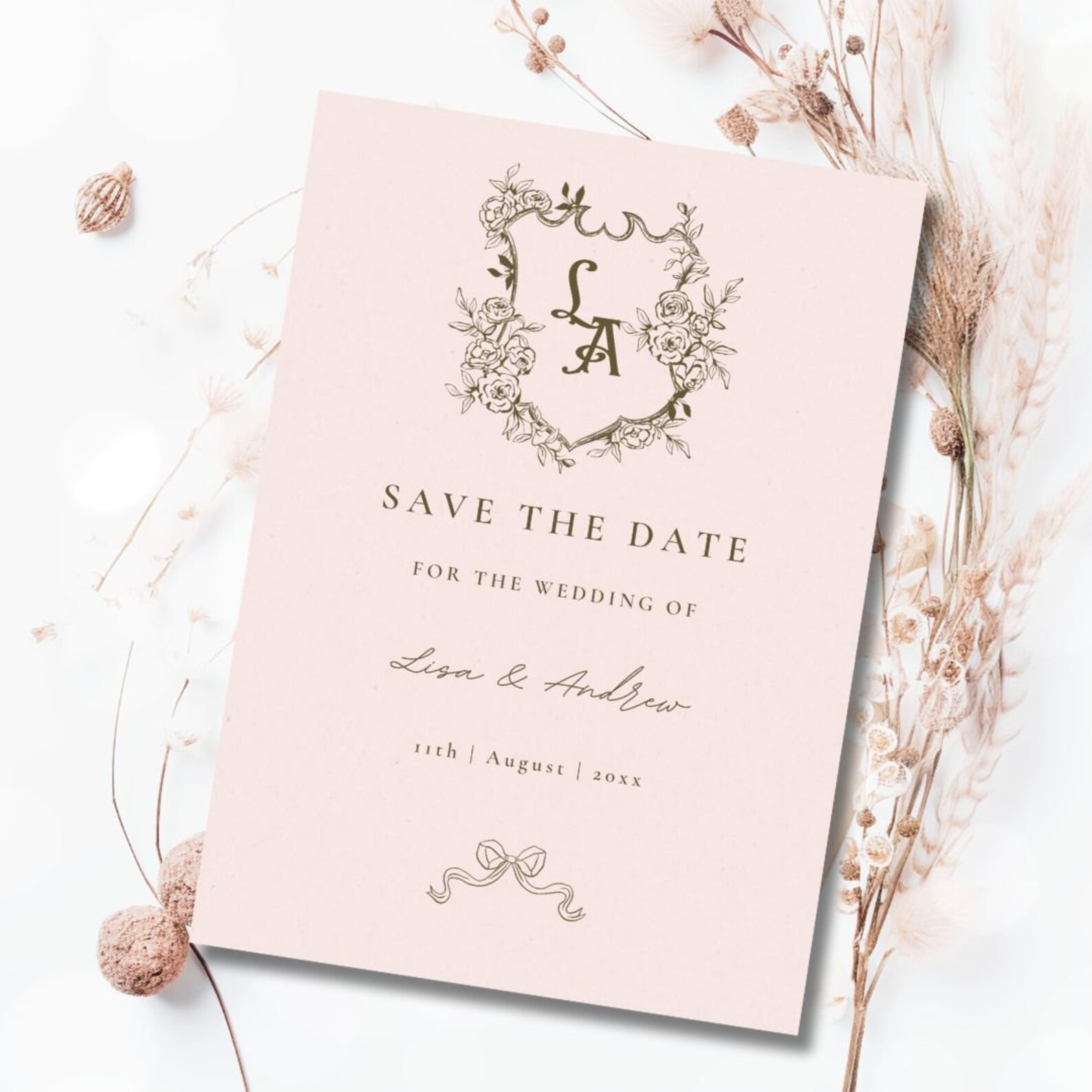 Preppy Crest Save the Date, Pink Monogram Bridal Personalized ...