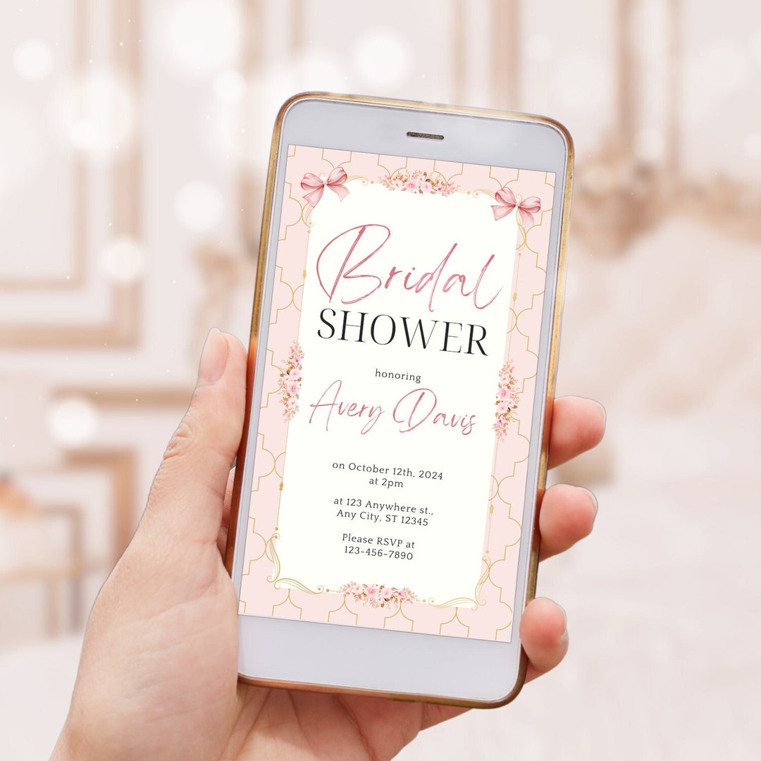 Pink Bow Bridal Shower Text Invitation, Customized Phone Pink Floral ...