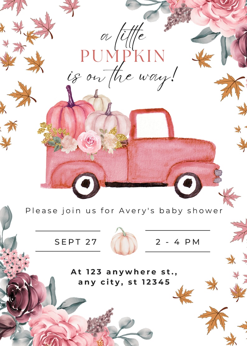 Editable Baby Shower Invitation Pink Little Pumpkin on the Way Baby ...