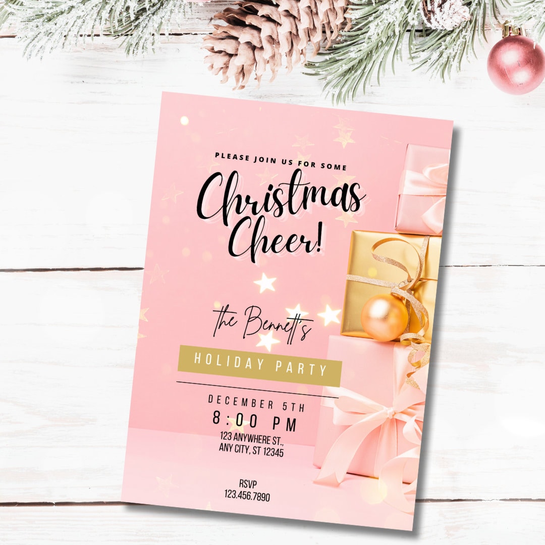 Editable Pink Christmas Party Invitation Elegant Pink and Gold Holiday ...