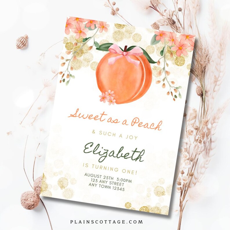 Editable Peach First Birthday Invitation, Sweet as A Peach 1st Birthday ...