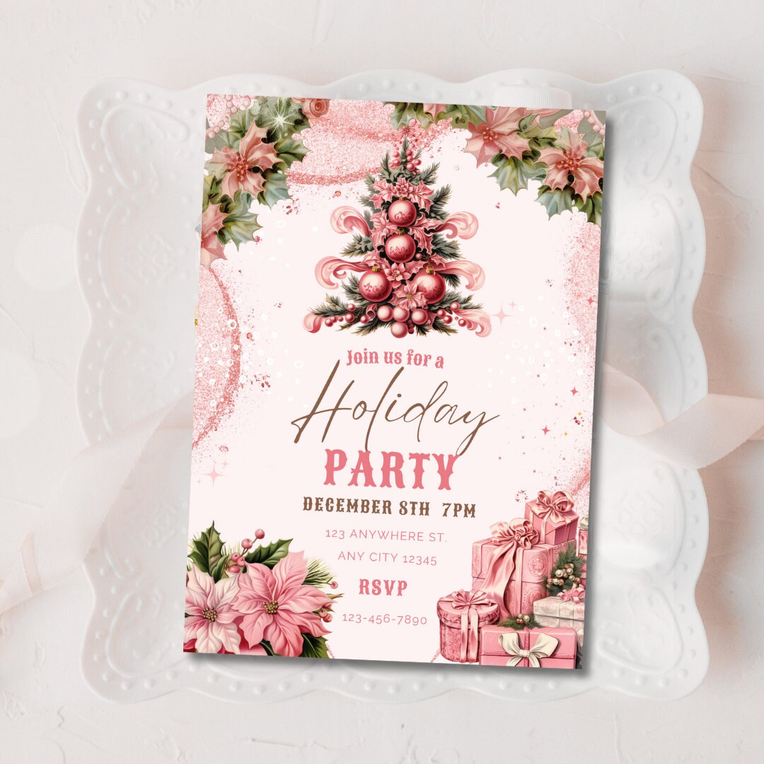 Editable Pink Christmas Party Invitation, Pink Holiday Party Invitation ...
