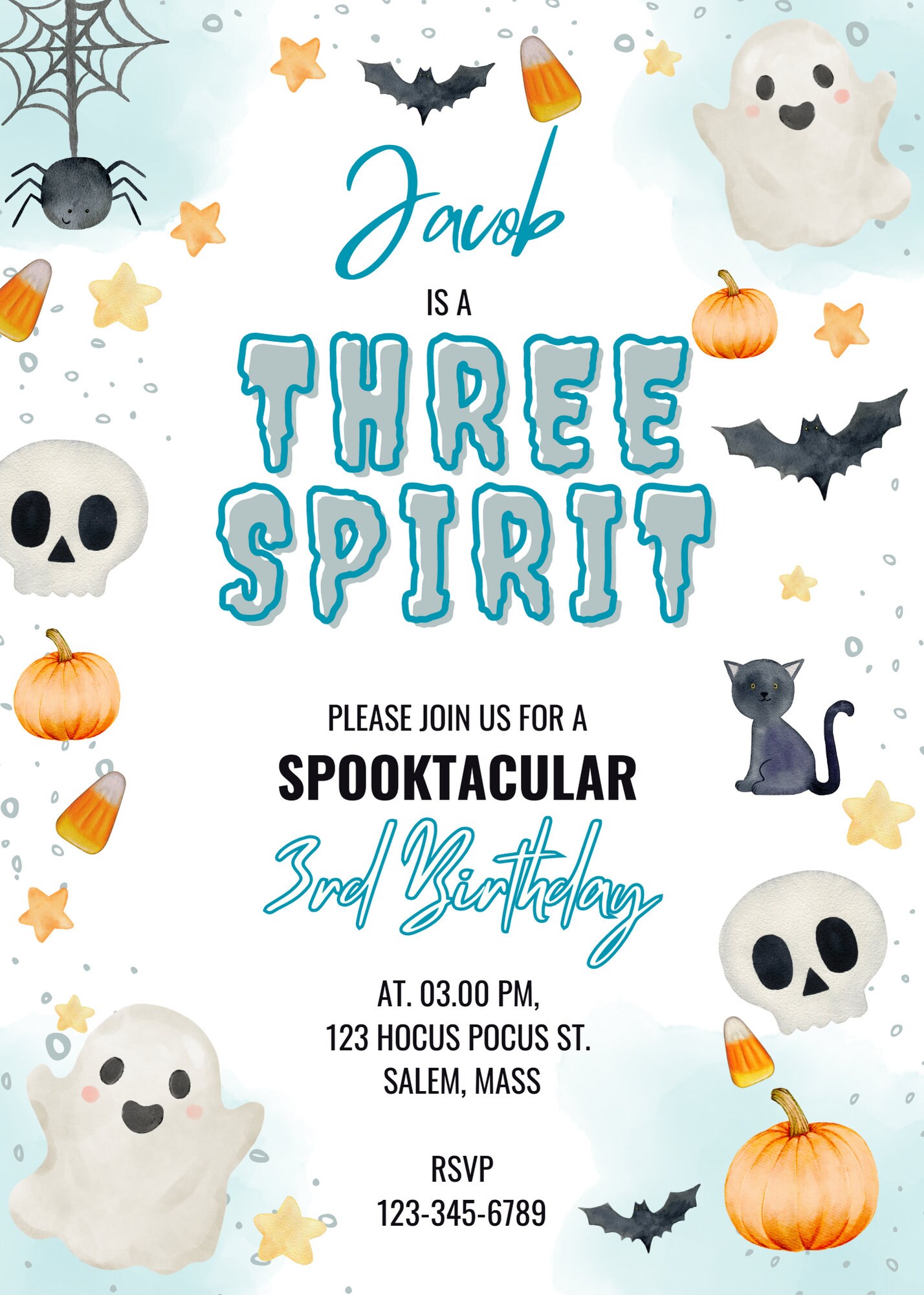 Editable Halloween 3rd Birthday Party Invitation THREE Spirit Halloween ...