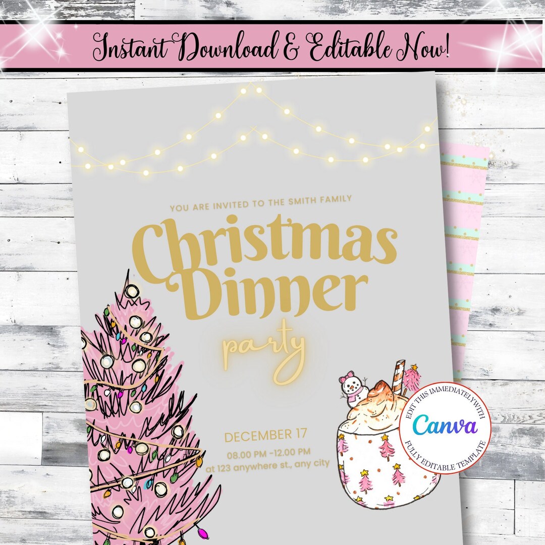 PINK Christmas Dinner Party Invitation, Retro Christmas Party ...