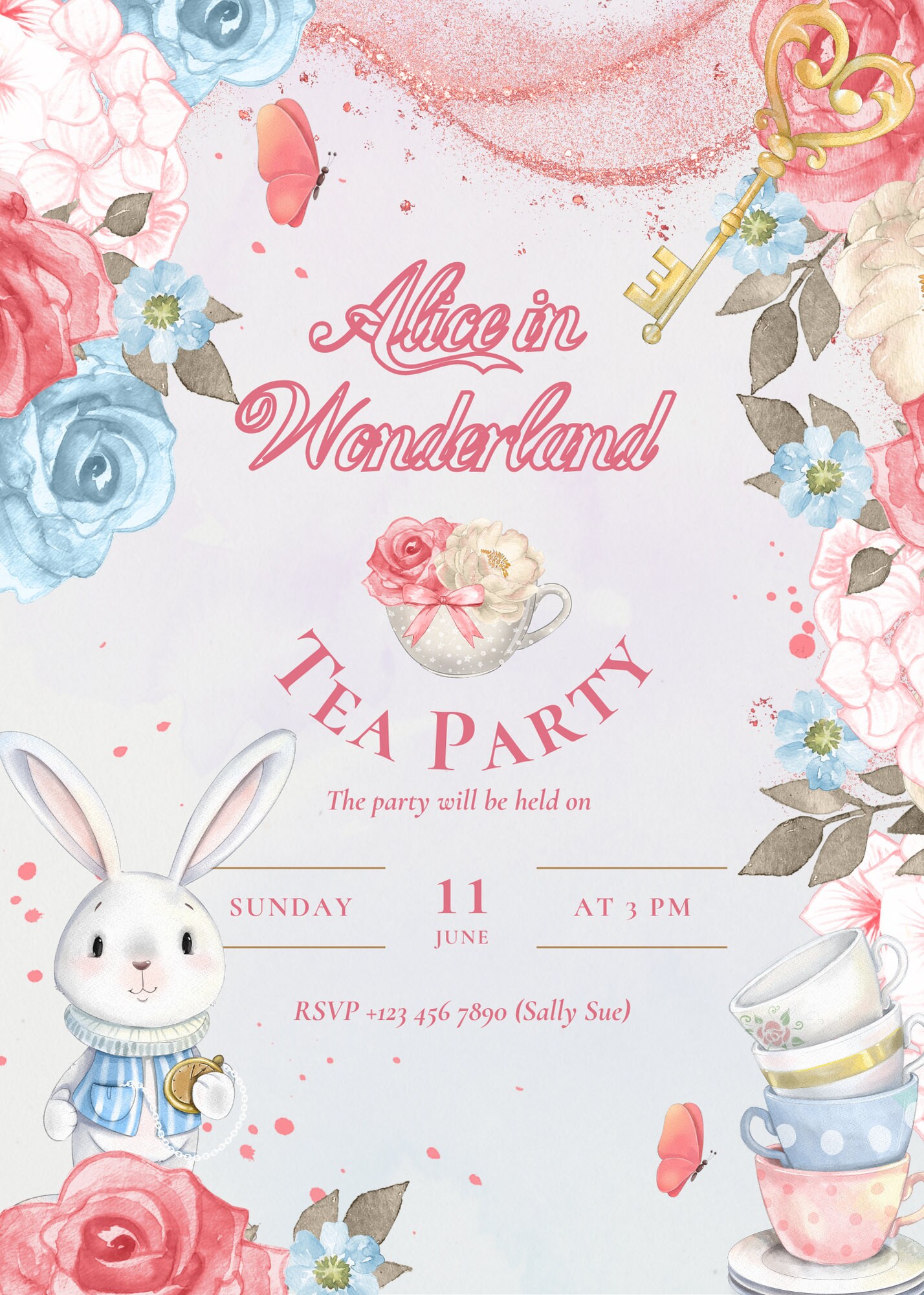 Alice In Wonderland Tea Party Invitation Birthday Editable Pastel Mad