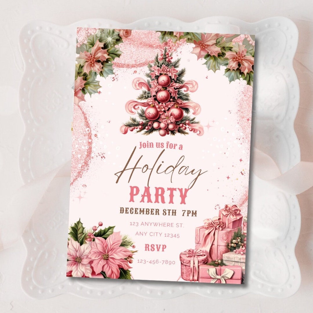 Editable Pink Christmas Party Invitation Fancy Pink Holiday Party ...