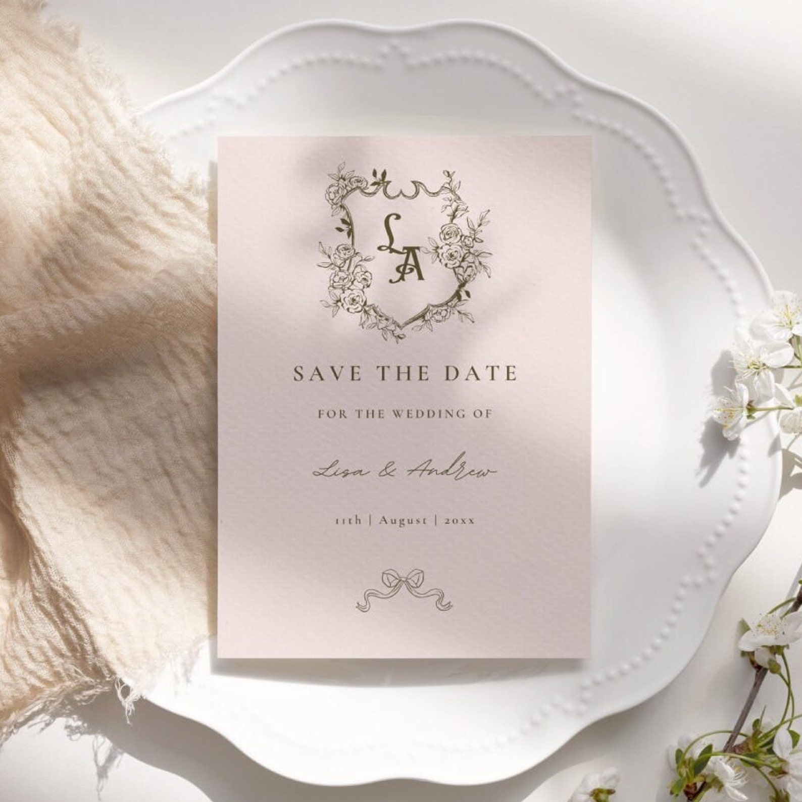 Preppy Crest Save the Date, Pink Monogram Bridal Personalized ...