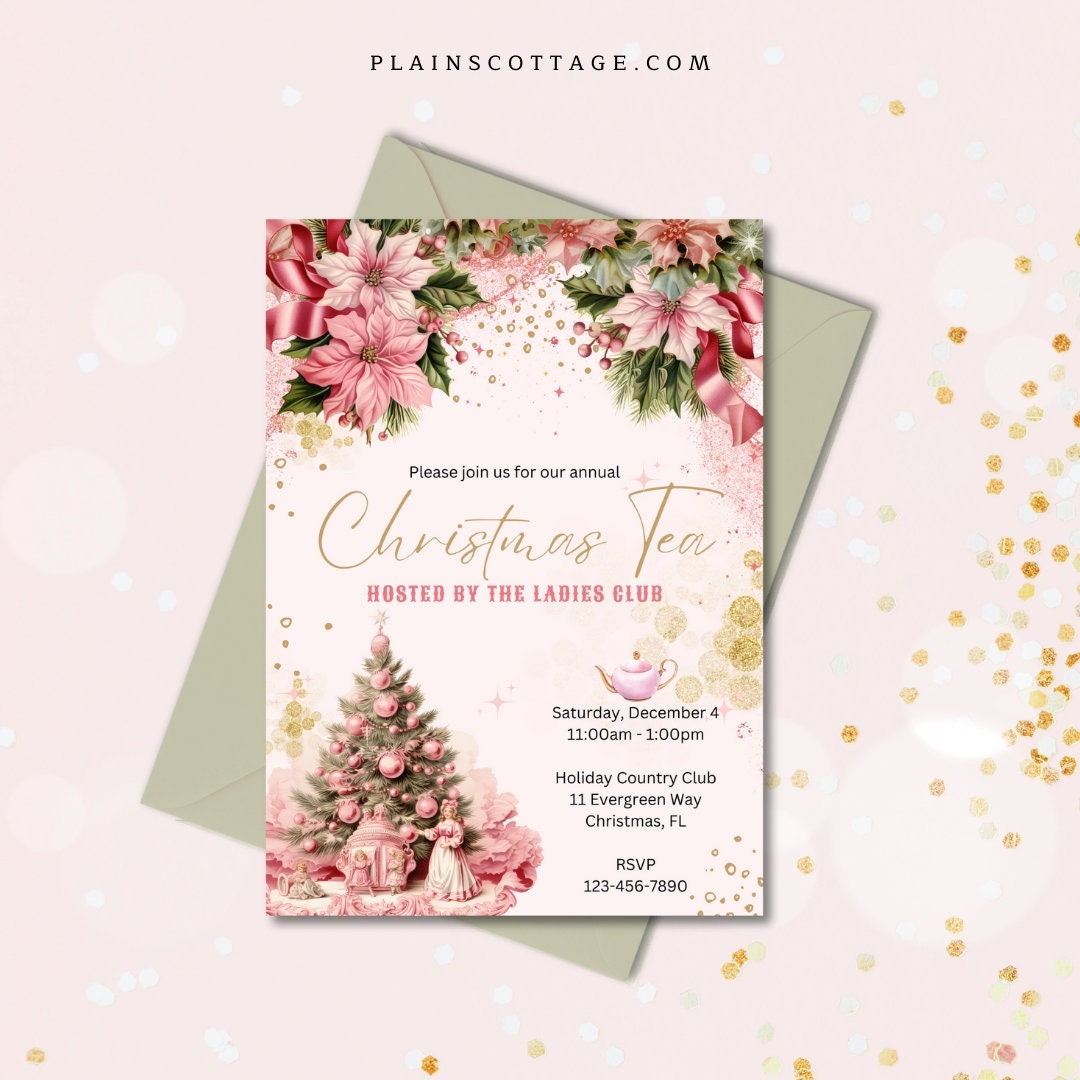 Editable Christmas Tea Party Invitation, Pink Holiday Party Invitation ...