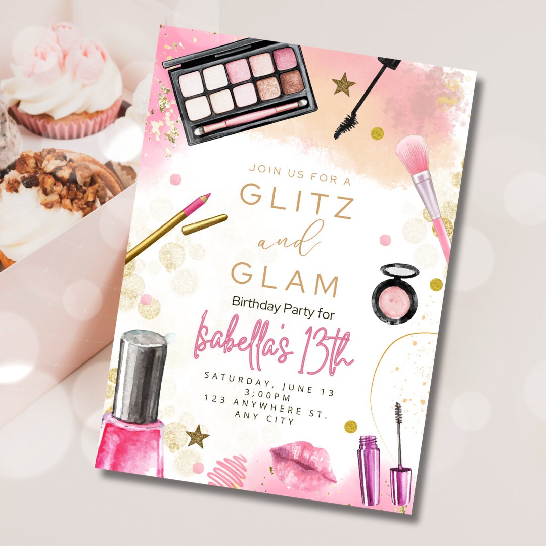 Custom Glitz and Glam Spa Party Invitation Editable Pink Gold Makeup ...