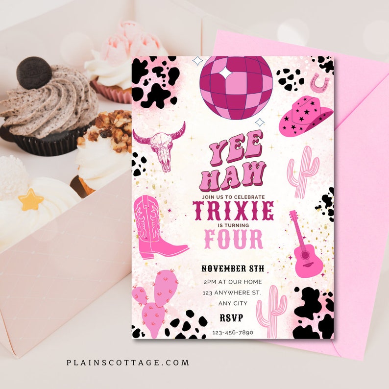 Space Cowgirl Birthday Invitation, Pink Country Music Birthday Party ...