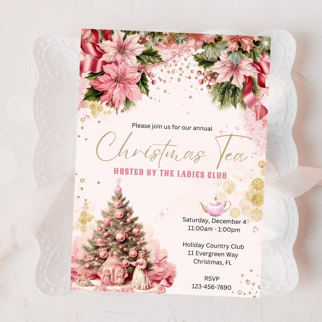 Editable Christmas Tea Party Invitation, Pink Holiday Party Invitation ...