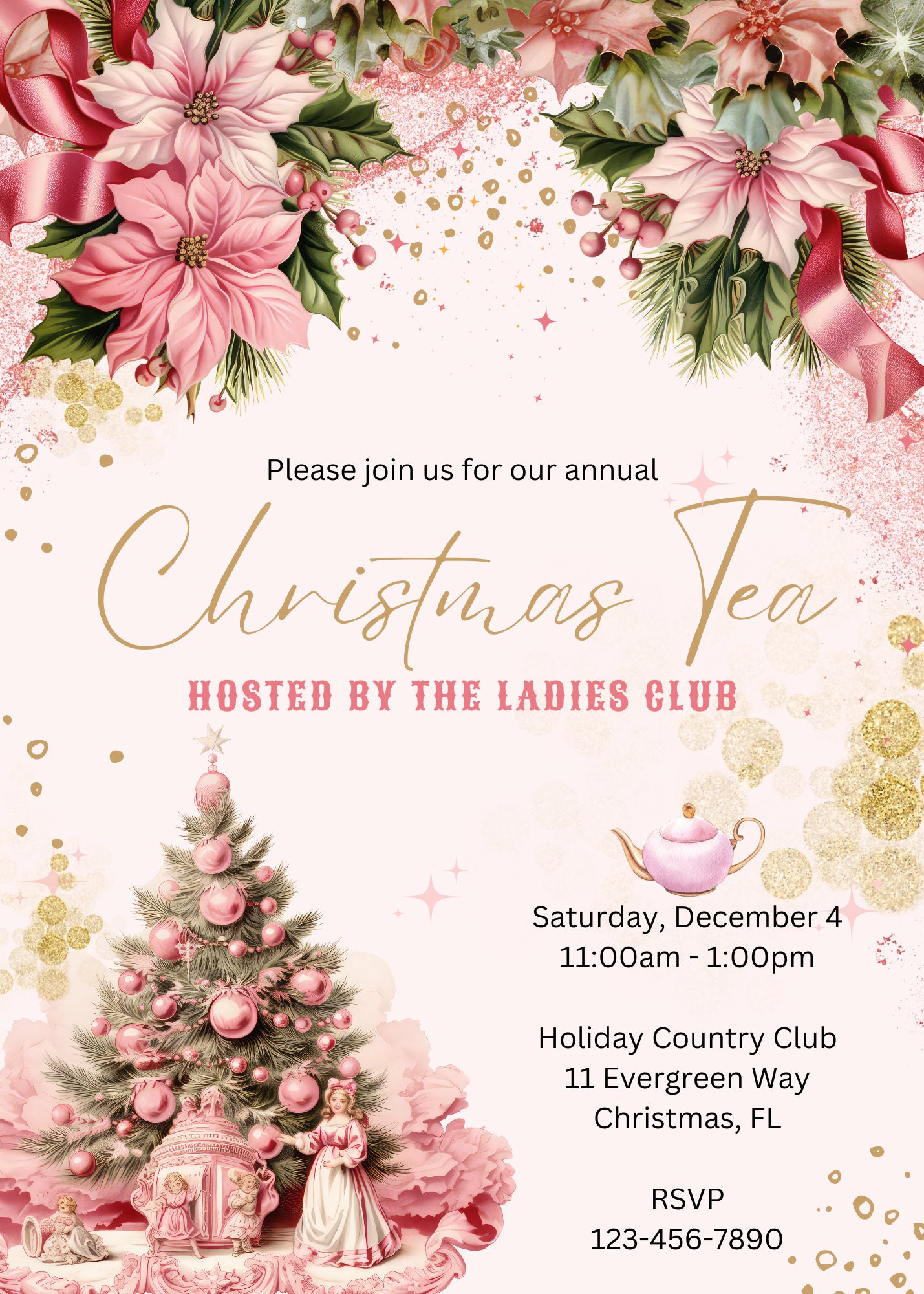 Editable Christmas Tea Party Invitation, Pink Holiday Party Invitation ...