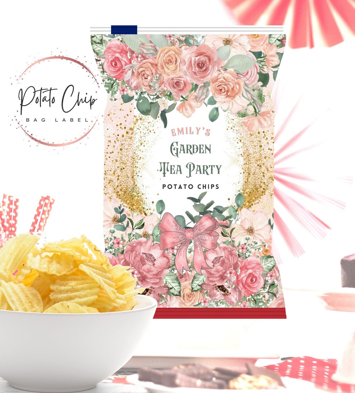 CHIP Bag Label Blush Tea Party Pink Green Editable Butterfly Garden ...