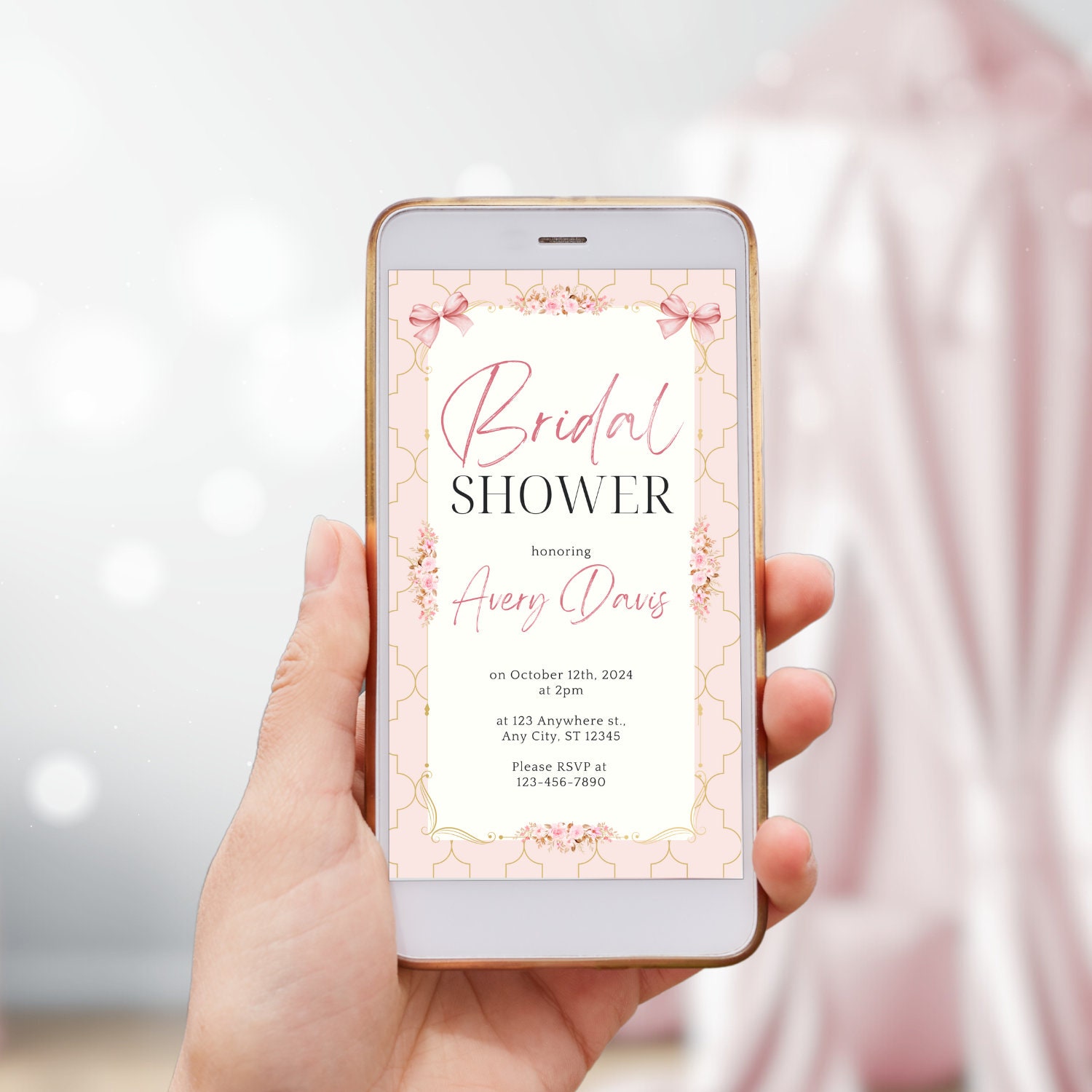 Pink Bow Bridal Shower Text Invitation, Customized Phone Pink Floral ...