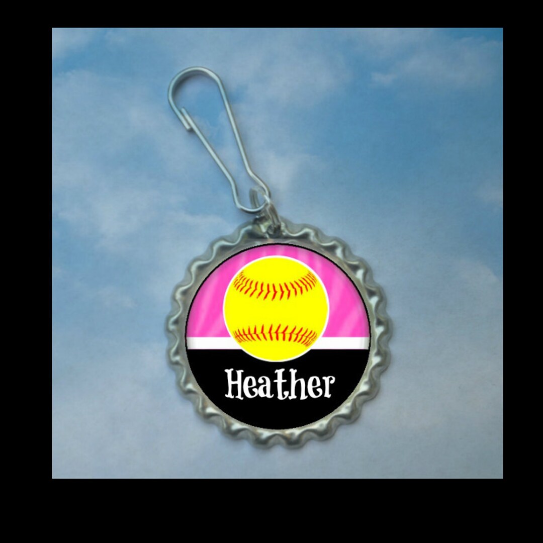 Personalized Hot Pink Softball Bottlecap Zipper Pull, 15 Color Choices ...