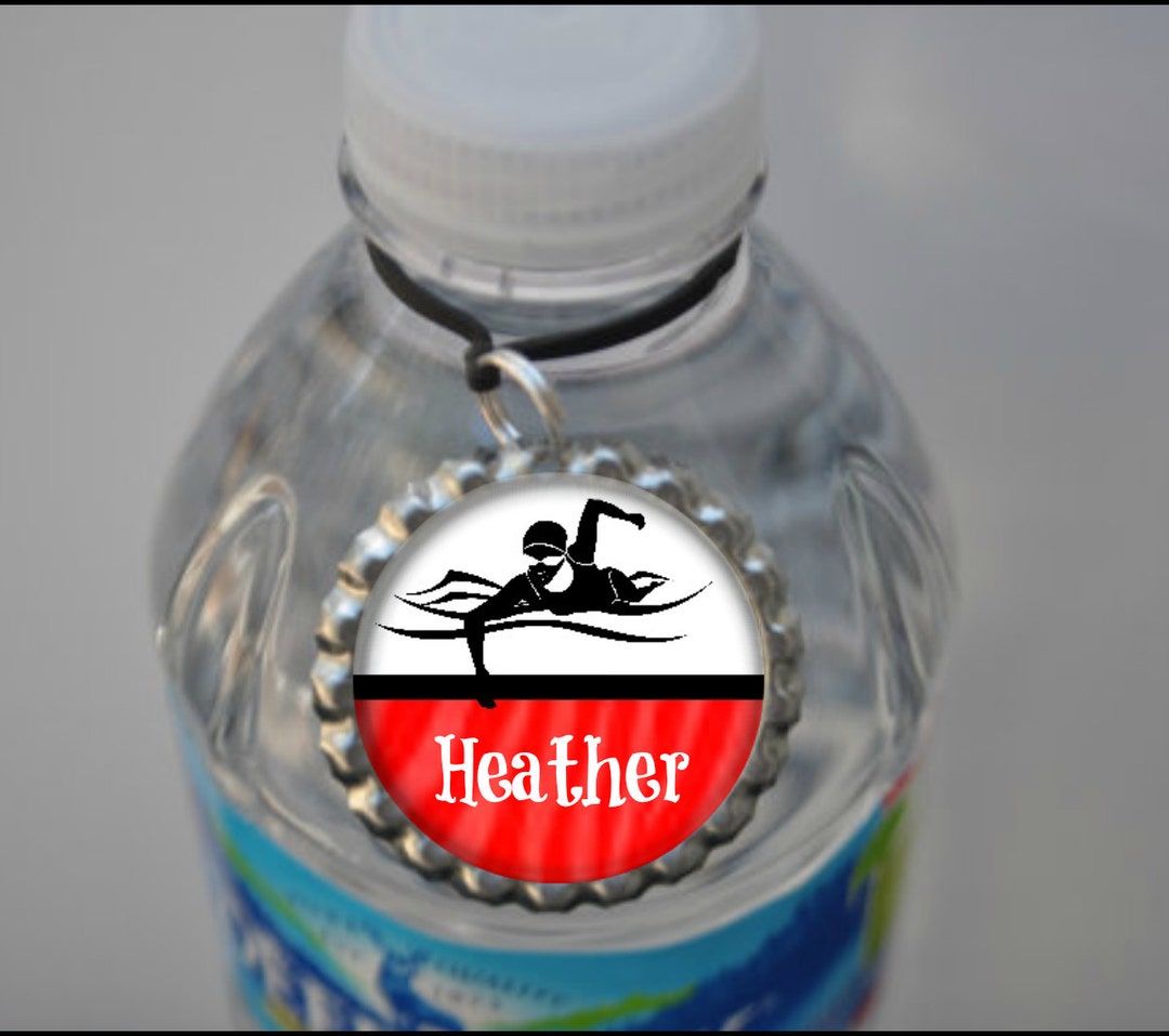 1 Personalized Red Swim Water Bottle Tags, 15 Color Choices, Swim Gifts ...