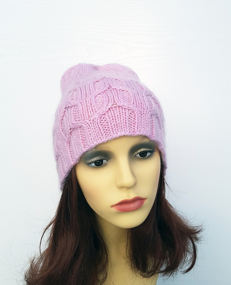 Knit Merino Hat, Pink Handmade Hat, Teens Knit Beanie, Merino Mohair ...