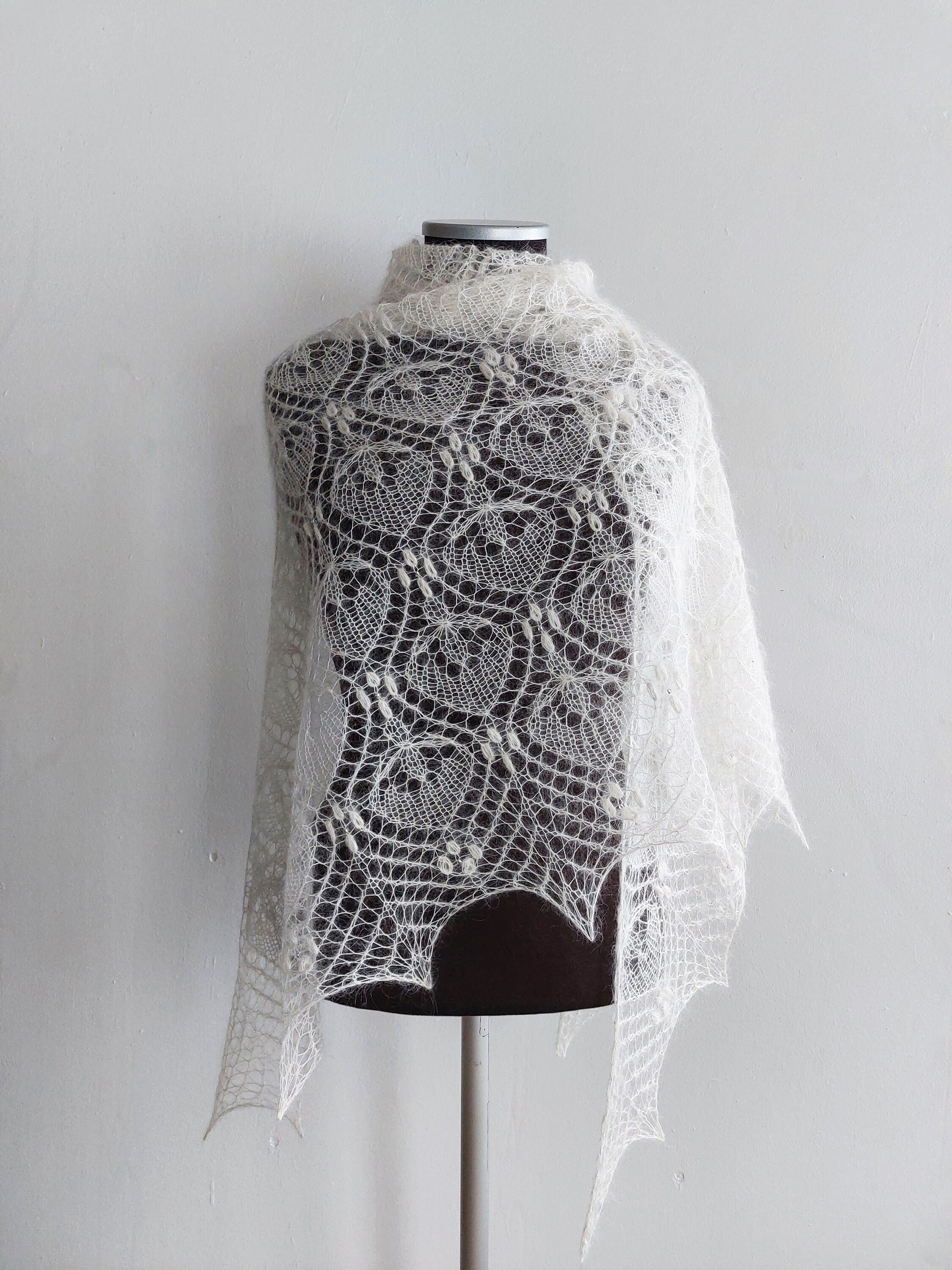 Wedding Lace Shawl, Beaded Bridal Stole, White Handknit Shawl, Ivory ...