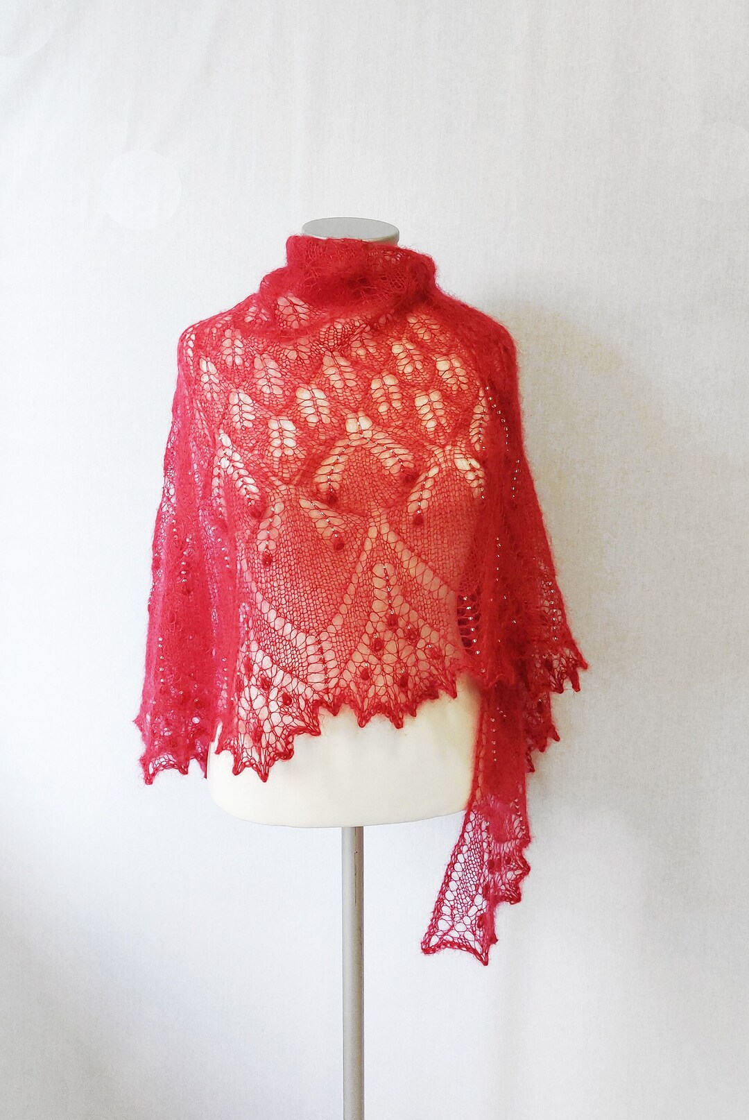 Red Wedding Lace Shawl, Beaded Bridal Stole, Handknit Warm Wrap ...
