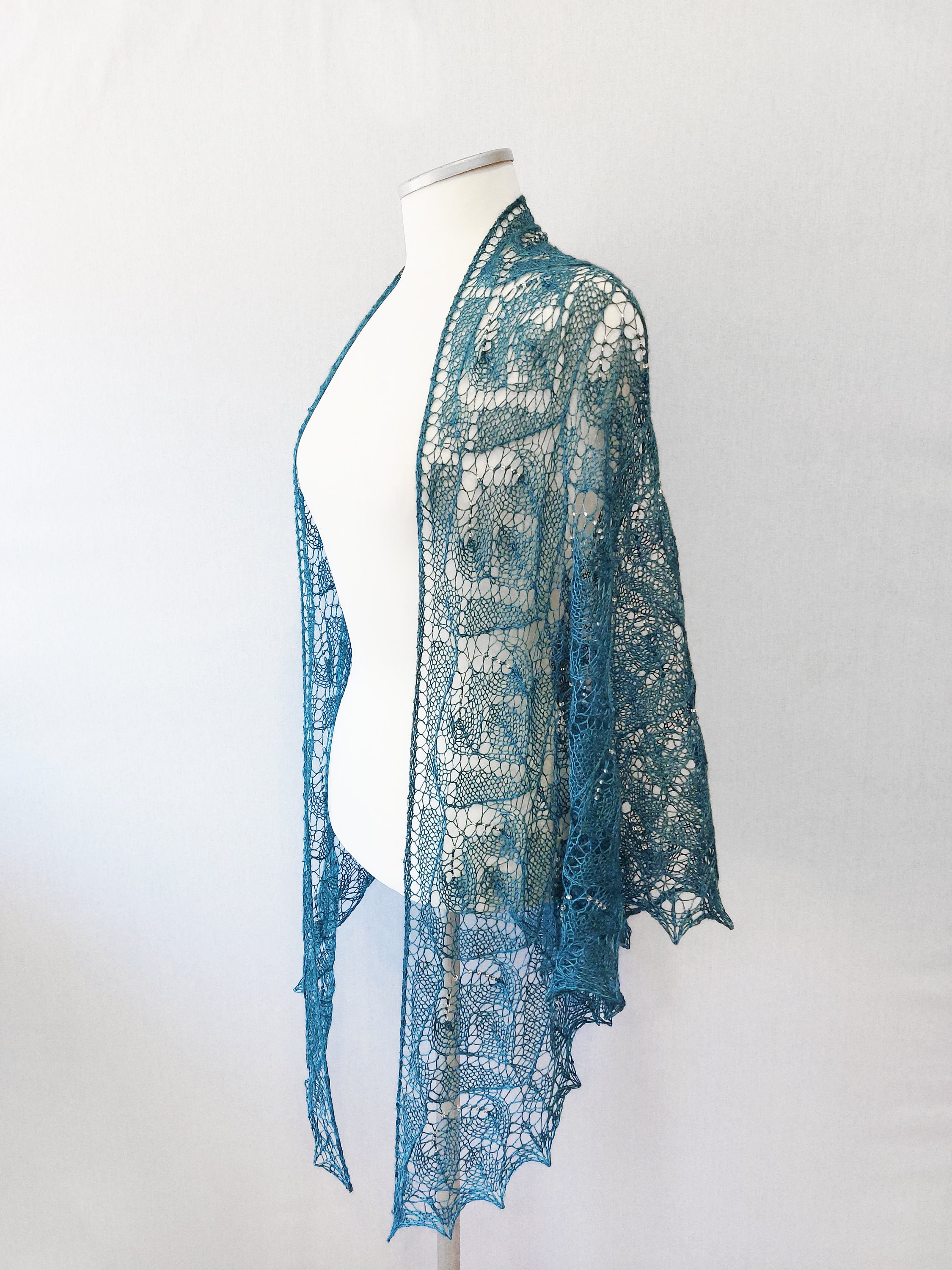 Teal Lace Shawl, Handknit Beaded Lace Shawlette, Blue-green Lace Wrap ...
